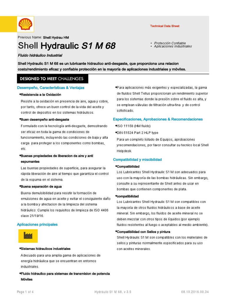 Shell Hydraulic S1 M 68 TDS | PDF | Líquidos | Física Aplicada e ...