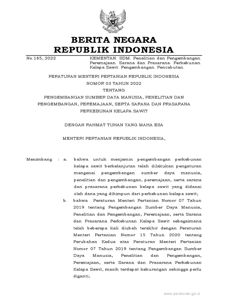 Permentan No 03 Tahun 2022 SDM, PSR, Litbang Dan Sarpras Bn185-2022 | PDF Permentan No 03 Tahun 2022 SDM, PSR, Litbang Dan Sarpras Bn185-2022 | PDF