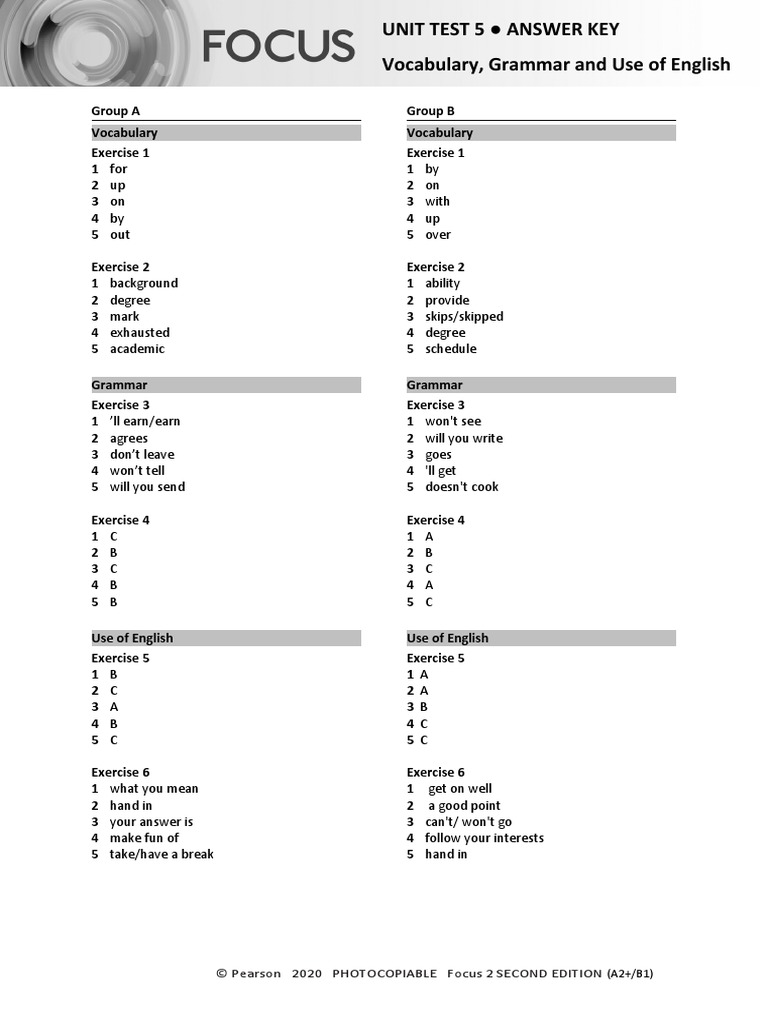 Focus2 2E Unit Test Vocabulary Grammar UoE Unit5 GroupA B ANSWERS | PDF ...