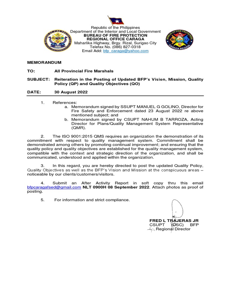 BFP Vision, Mission, and Quality Policy Update | PDF