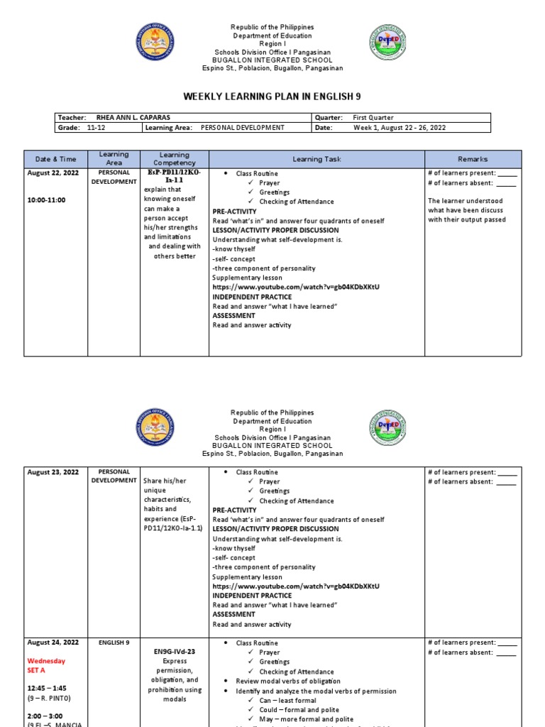 Weekly Learning Plan: English 9 & Personal Development | PDF | Learning ...
