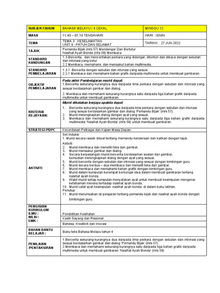 RPH BM TAHUN 4 Minggu 12 | PDF