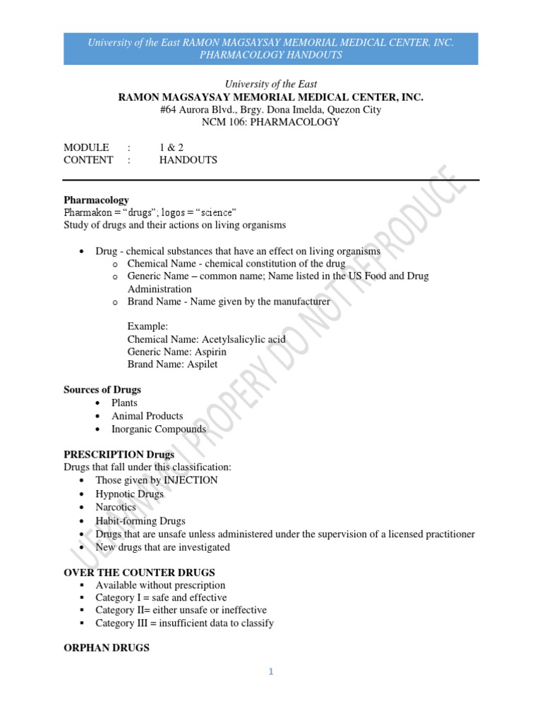Pharmacology Handouts: Drug Study Guide | PDF | Chemistry | Dose ...