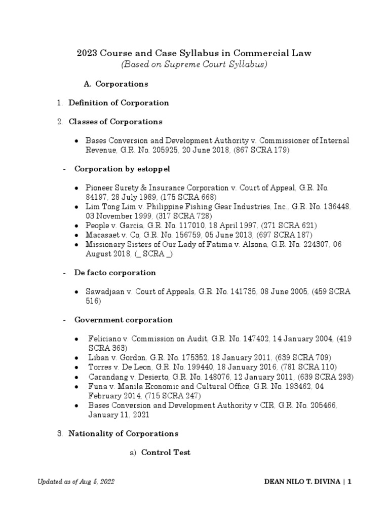 2023 Course and Case Syllabus in Commercial Law Based On SC Syllabus As ...