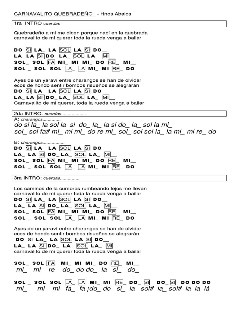 Letra y acordes de Carnavalito Quebradeño | PDF