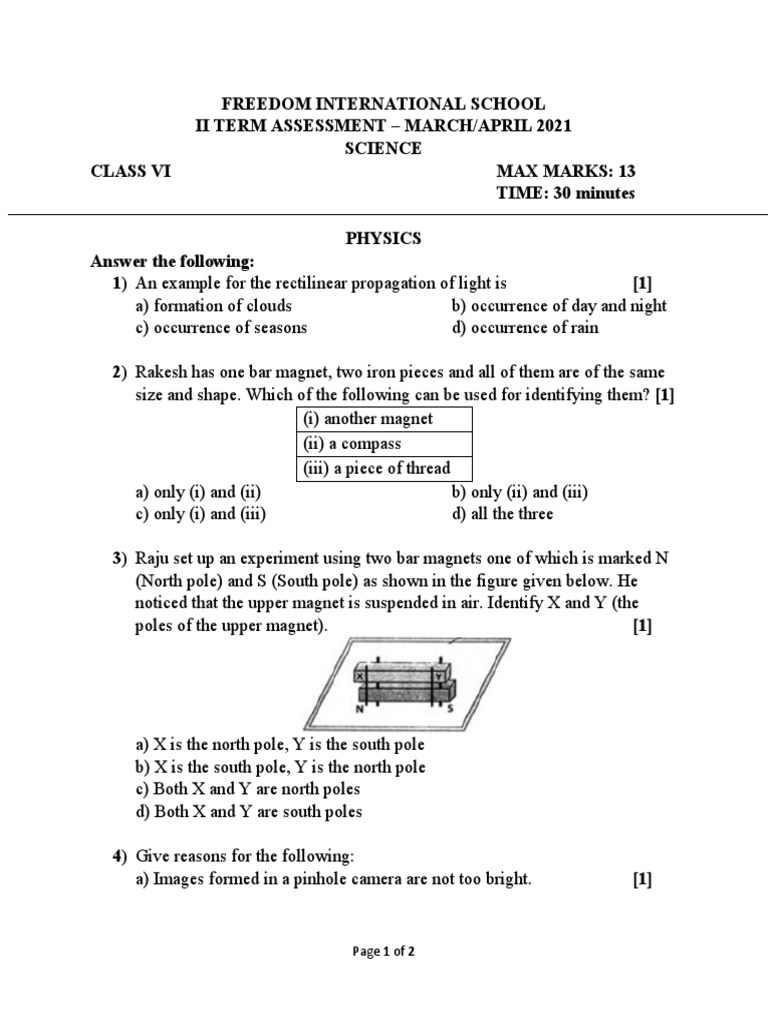 Grade 6 Final Term Physics 1617354278 | PDF | Magnet | Moon