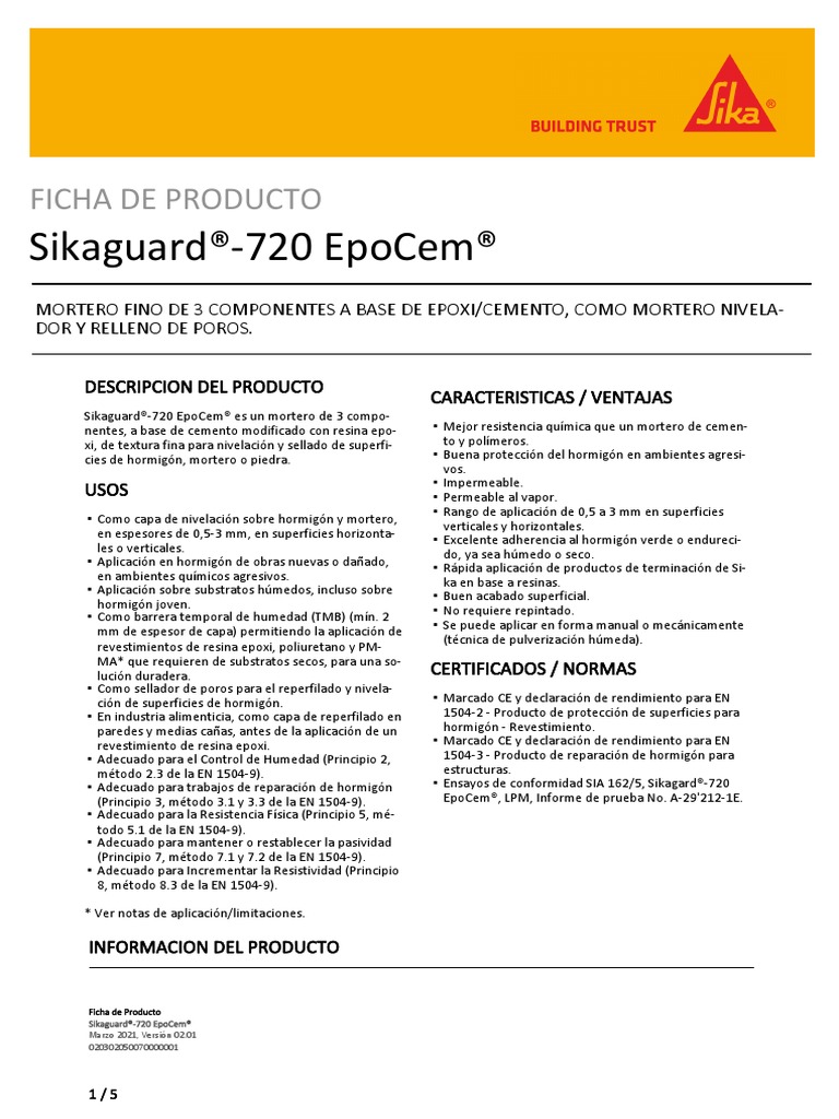 Sikagard - 720 Epocem | PDF | Hormigón | Agua