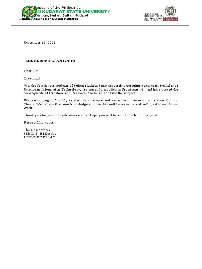 Request Letter For Thesis Adviser - Jeric Bedaña | PDF