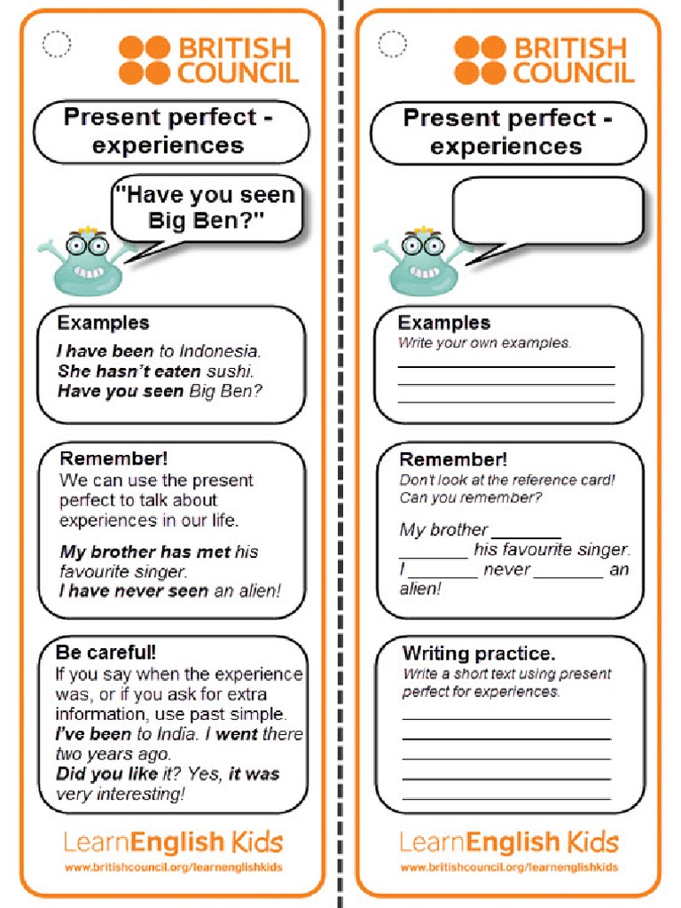 Grammar Practice Reference Card Present Perfect Experiences | PDF