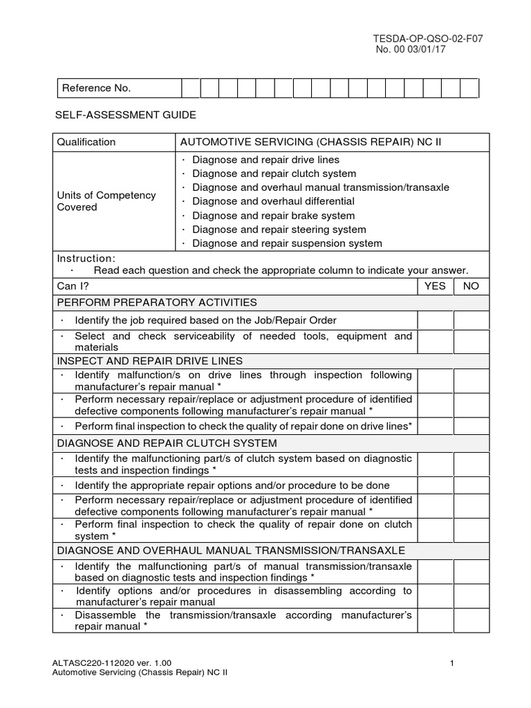SAG - Automotive Servicing (Chassis Repair) NC II | PDF | Manual ...