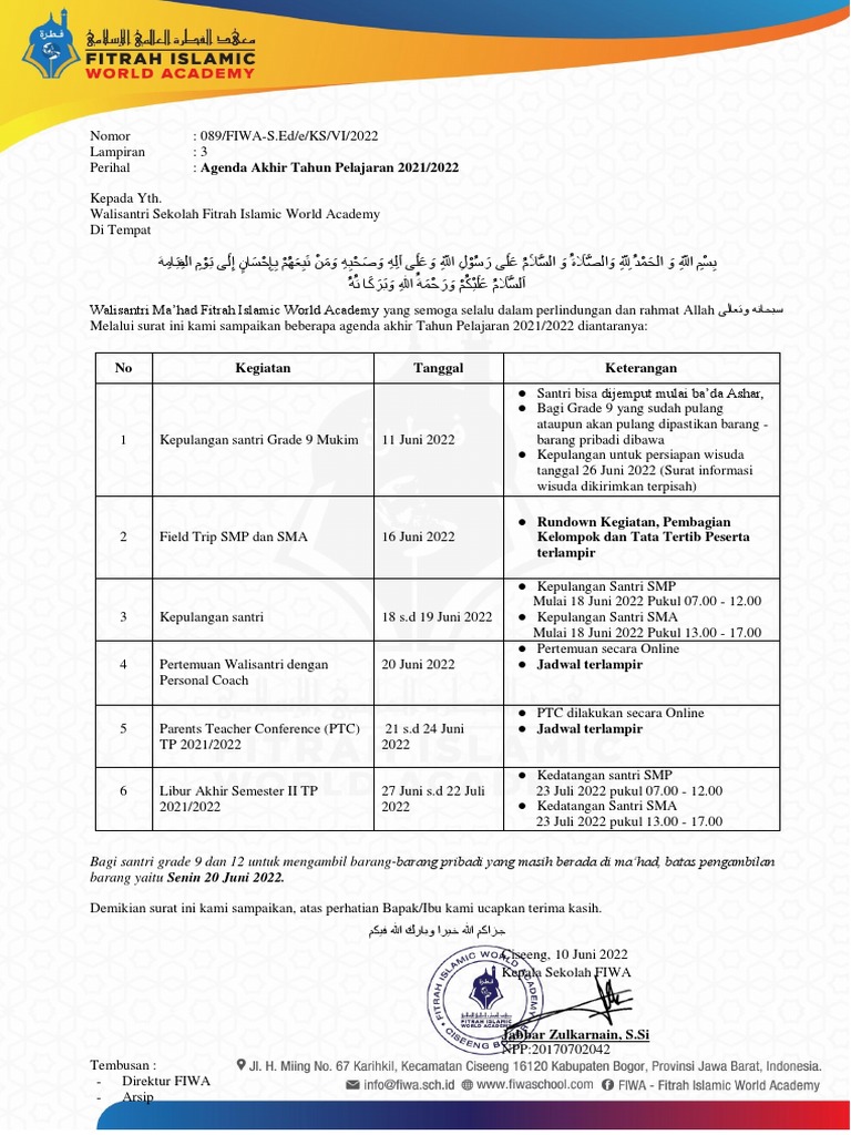 Surat Edaran Agenda Akhir Tahun Pelajaran 2021 - 2022 | PDF