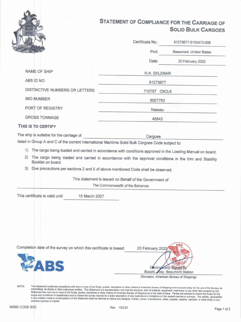 Statement of Compliance For Solid Bulk Cargoes A & C Group | PDF