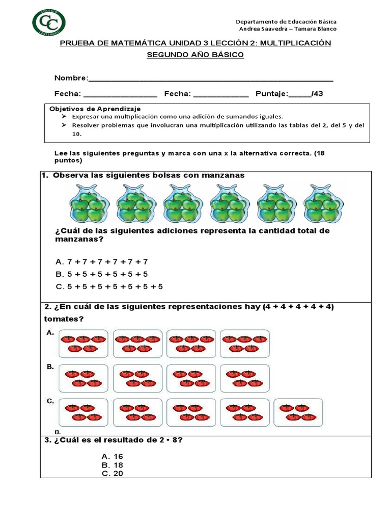 Matemática prueba de multiplicación para estudiantes de segundo año ...