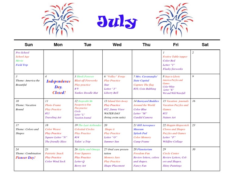 July Activity Schedule for Kids | PDF | Art | Poetry
