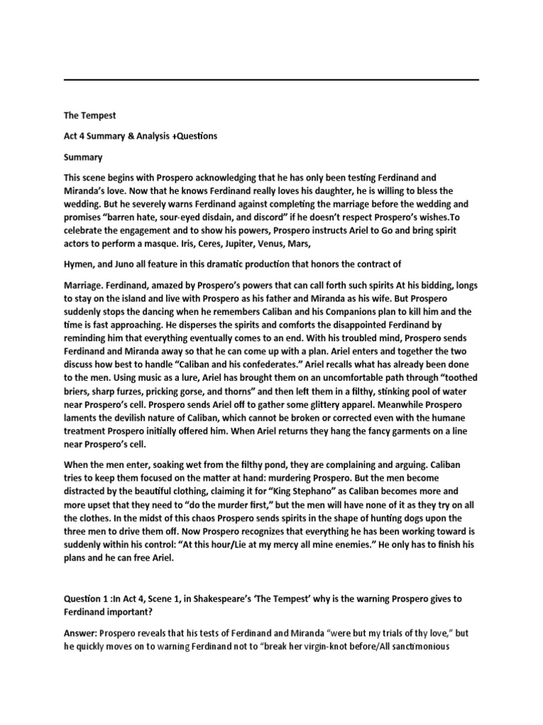 Tempest Act IV Summary and Long Answers Questions | PDF | The Tempest
