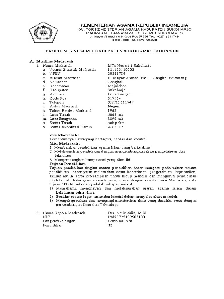 PROFIL MTs NEGERI 1 SUKOHARJO | PDF