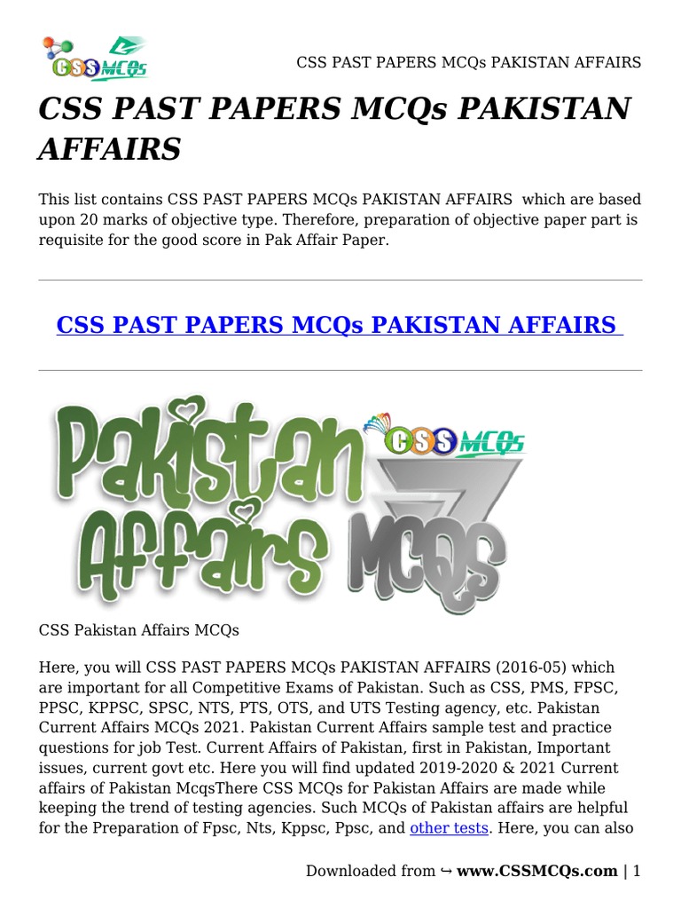 Css Past Papers Mcqs Pakistan Affairs | PDF | All India Muslim League ...