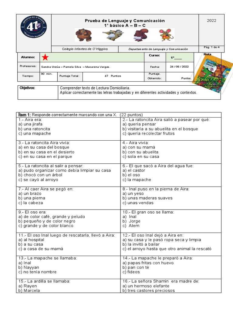 Prueba Libro AMIGOS EN EL BOSQUE+ Letras Estudiadas | PDF