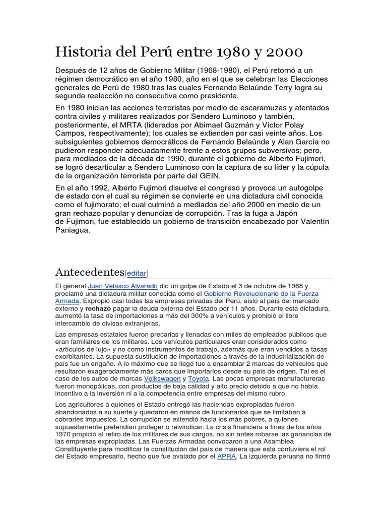 Historia Del Perú Entre 1980 y 2000 | PDF