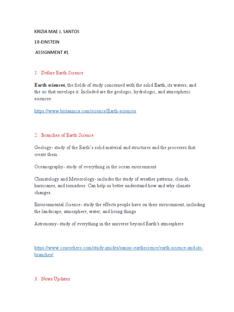 Science Assignment #1 (Define Earth Science) | PDF | Earth | Water