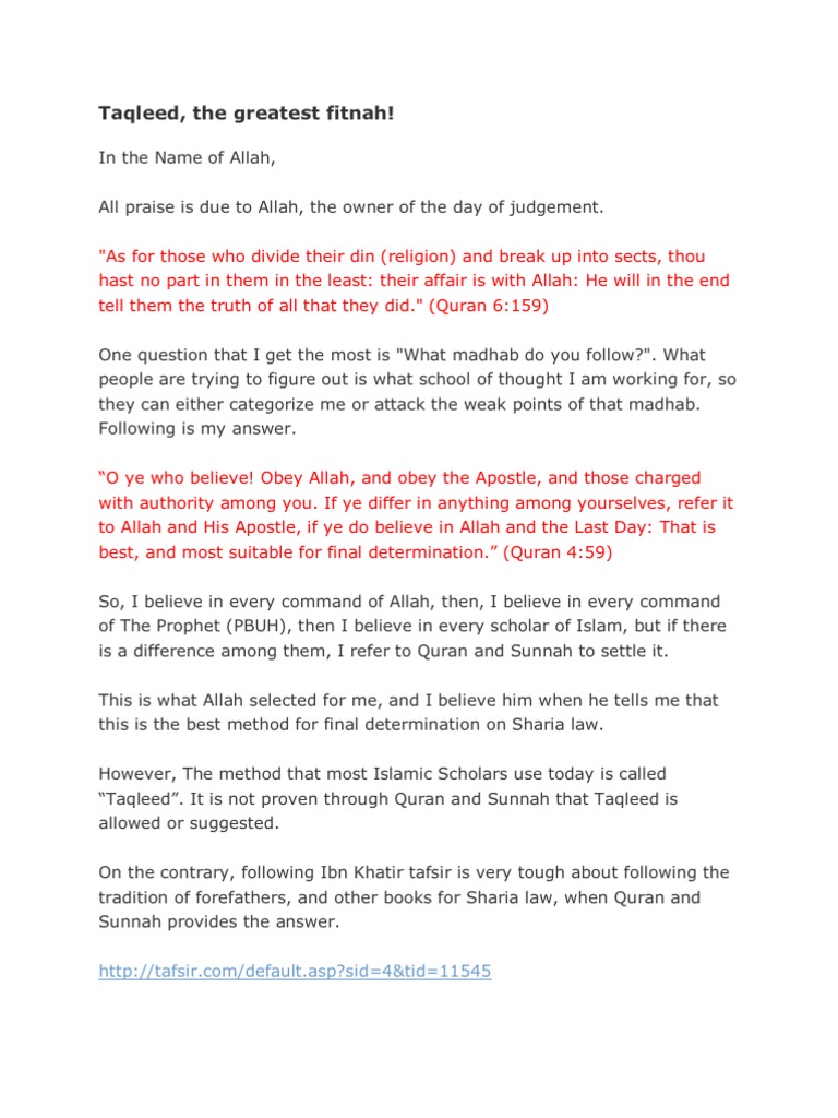 Taqleed | PDF | Prophets And Messengers In Islam | Quran