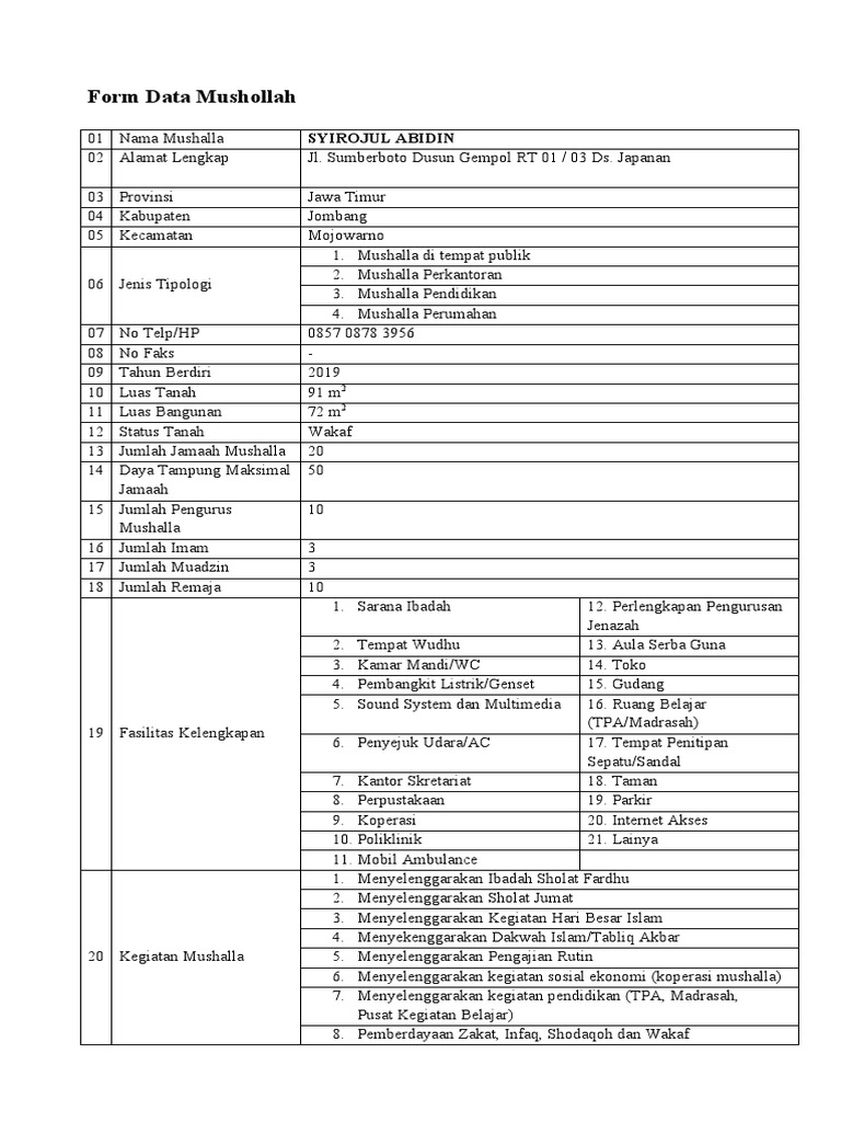 Form Data Mushalla SA | PDF Form Data Mushalla SA | PDF