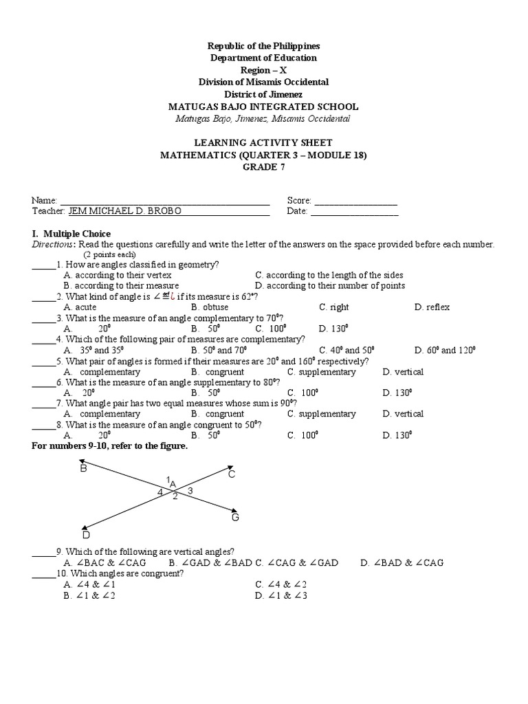 Math Las 7 - Q3 - Module 2 | PDF | Angle | Geometry