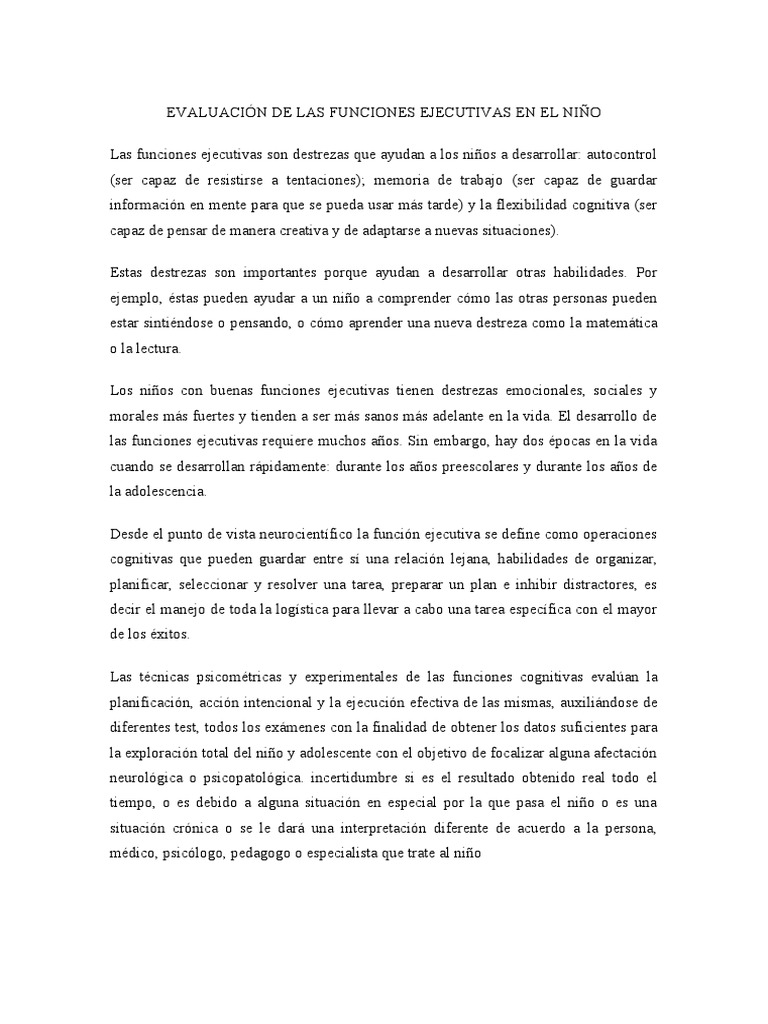 Evaluación de Las Funciones Ejecutivas en El Niño | PDF