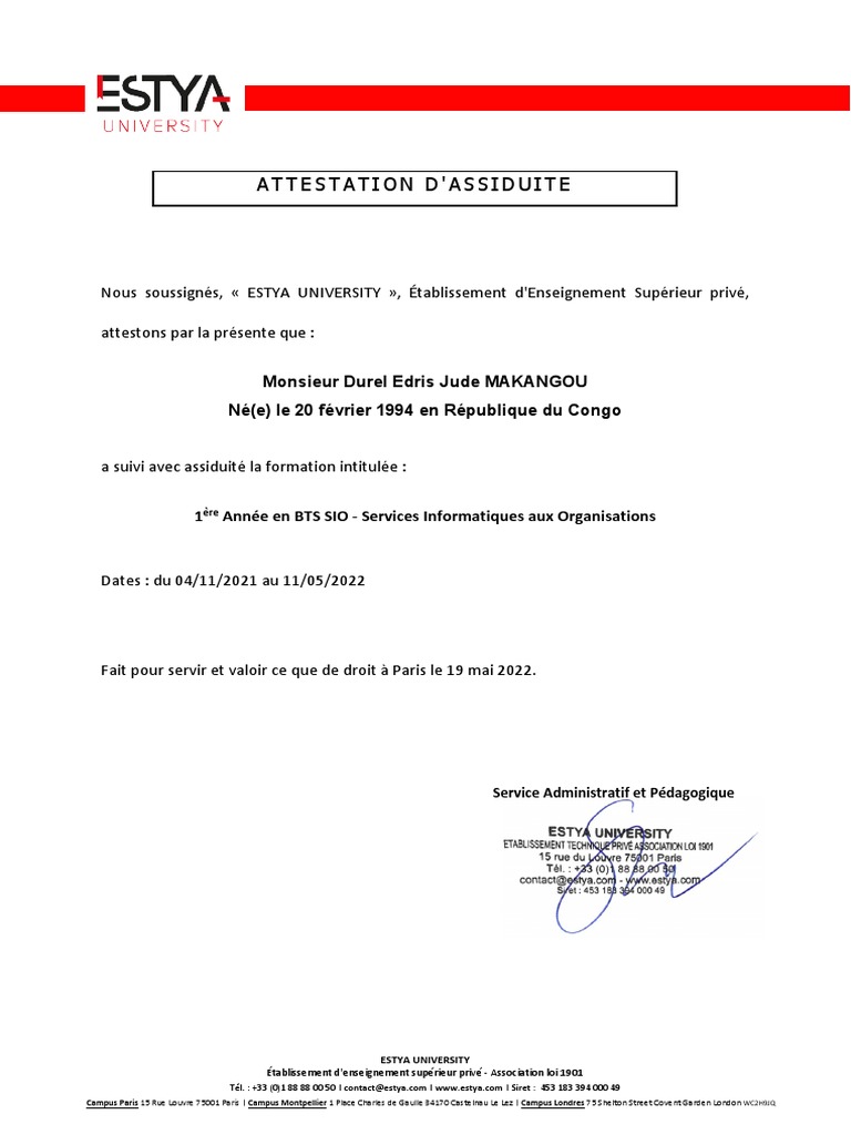 Attestation d'assiduité - ESTYA University | PDF