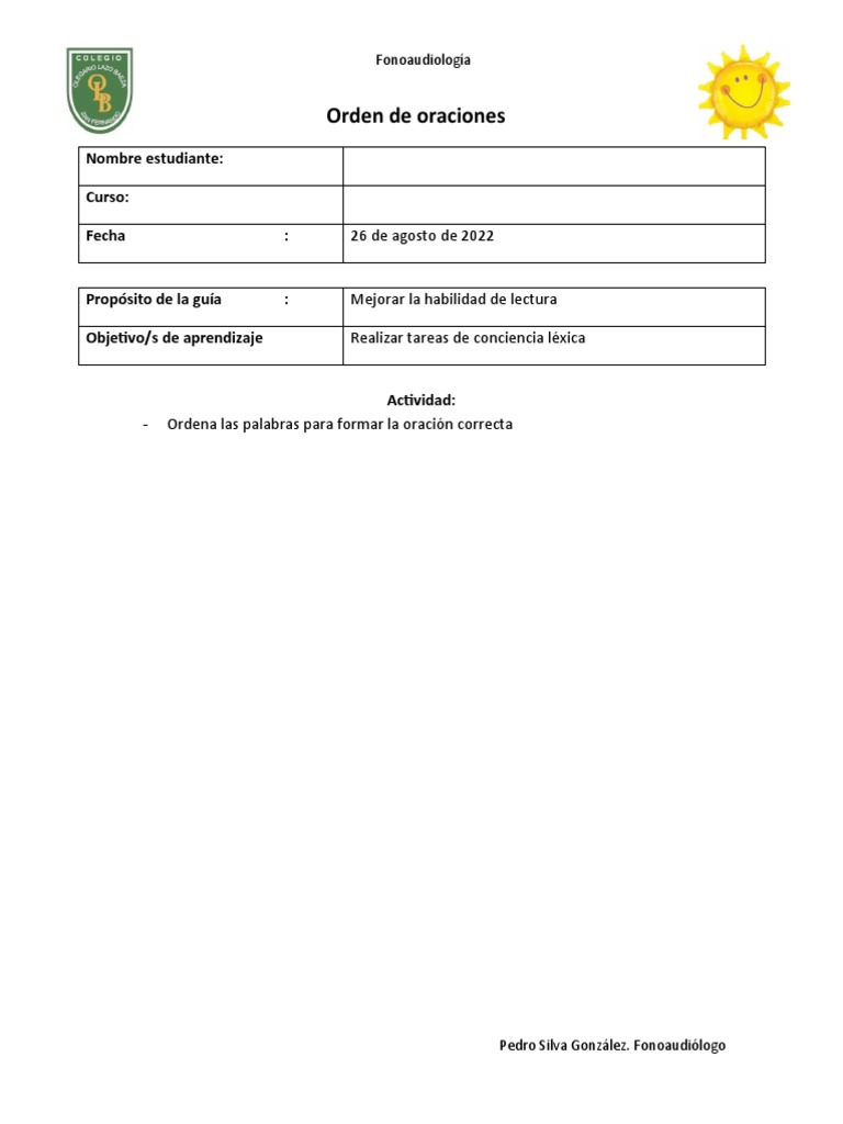 Tarea Ordenar Oraciones 1°A-B | PDF