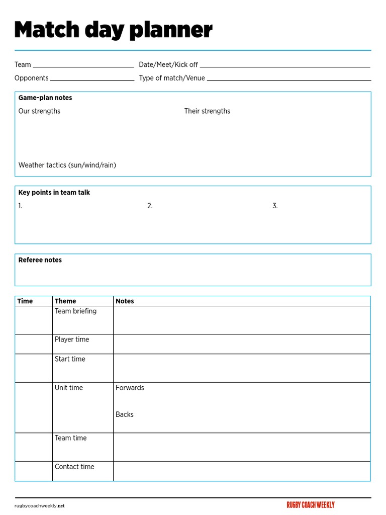 Rugby Match Day Planner Template | PDF