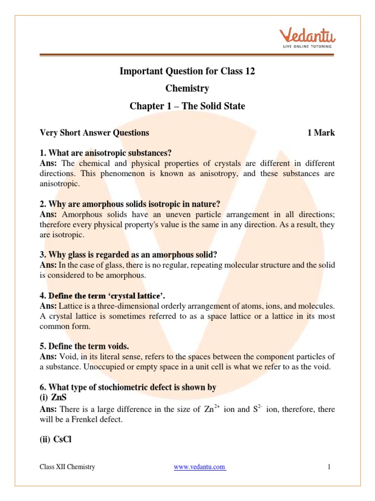 CBSE Chemistry Class 12 Chapter 1-The Solid State - Important Questions With Solutions | PDF ...