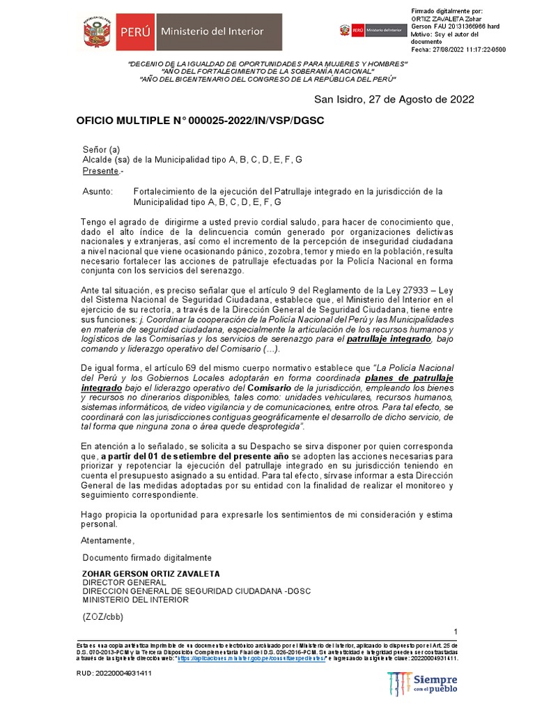 Oficio Multiple 000025-2022 - in - VSP - DGSC | PDF | Policía | Gobierno