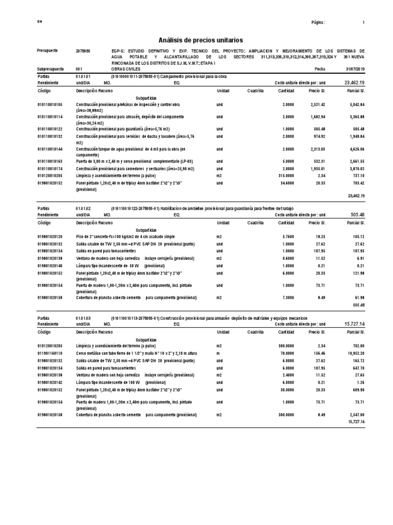 APU Obras Civiles | PDF | Presupuesto | Economias