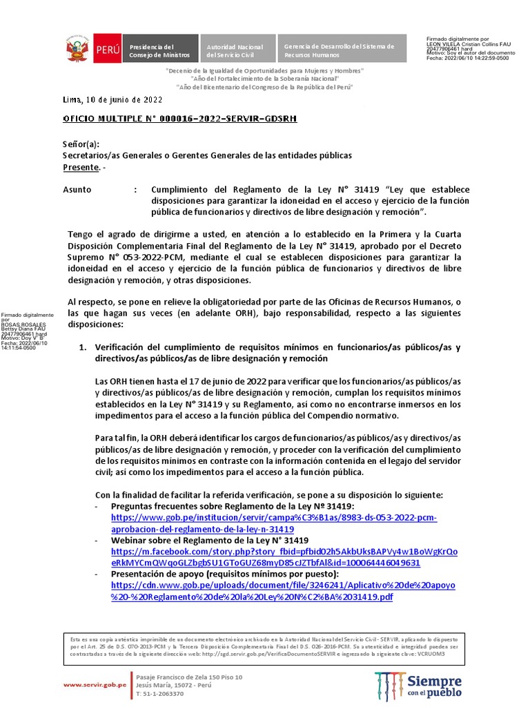 Oficio Multiple-000016-2022-Gdsrh | PDF | Perú | Gobierno