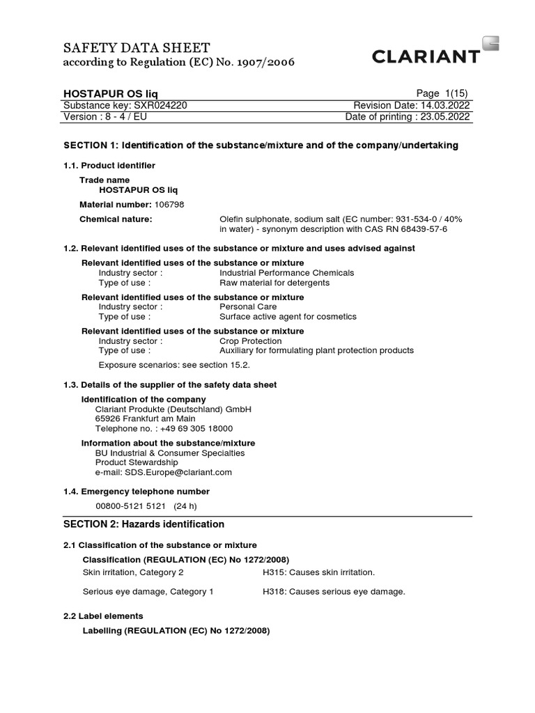 Clariant SDS HOSTAPUR OS Liq European Community English | PDF ...