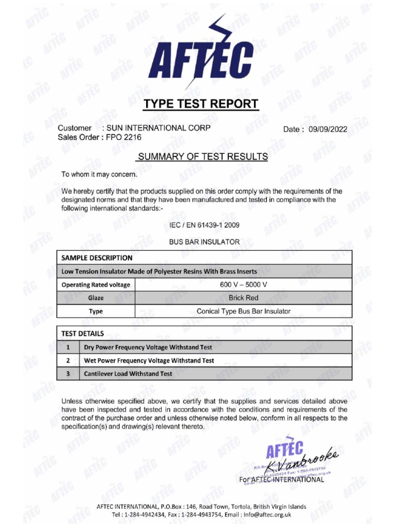 Manufacturer Test Report For Conical Busbar Insulator - Aftec | PDF