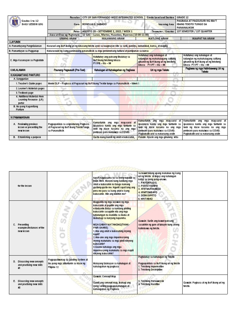 SHS Pagbasa DLL Week 1 | PDF