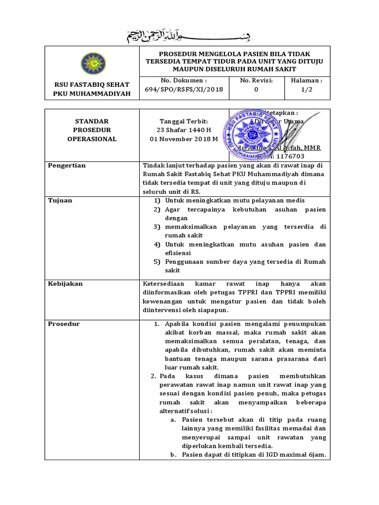 Spo Prosedur Mengelola Pasien Bila Tidak Tersedia Tempat Tidur Pada Unit Yang Dituju Maupun ...