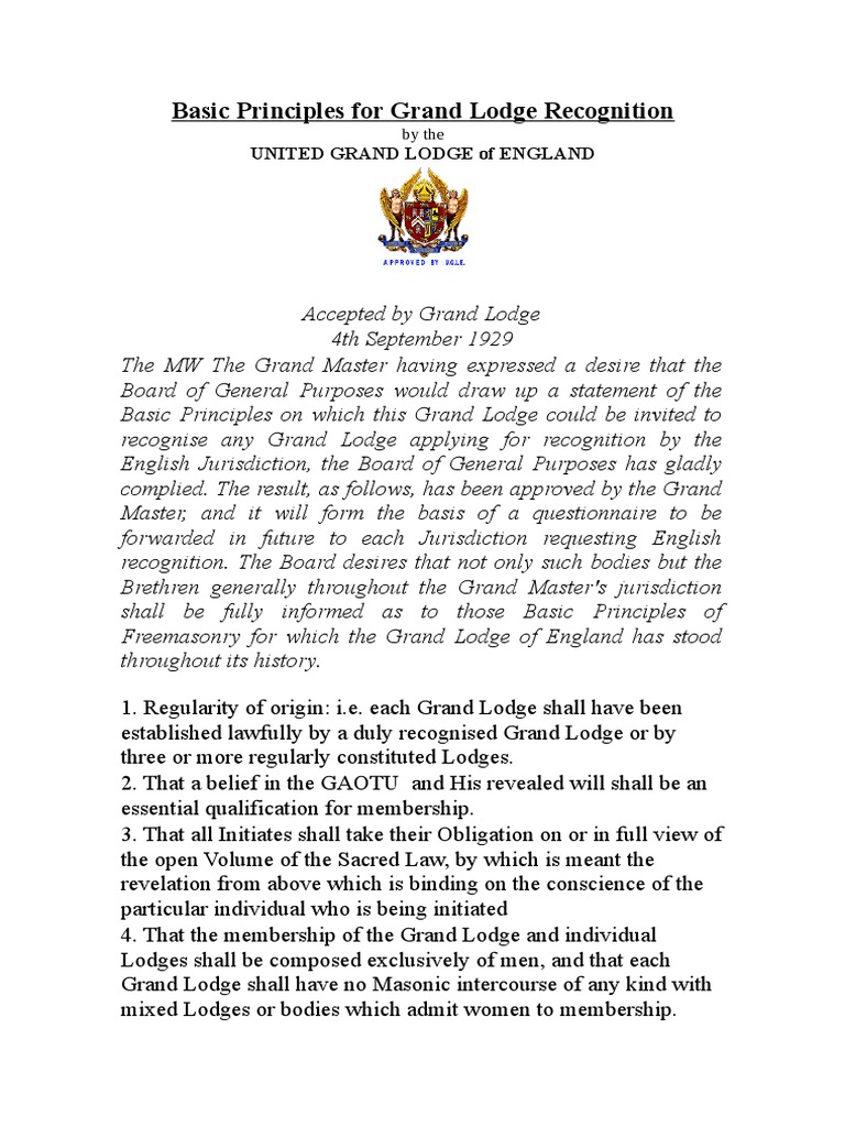 Basic Principles For Grand Lodge Recognition | PDF