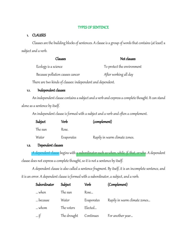 Types of Sentence | PDF | Sentence (Linguistics) | Clause