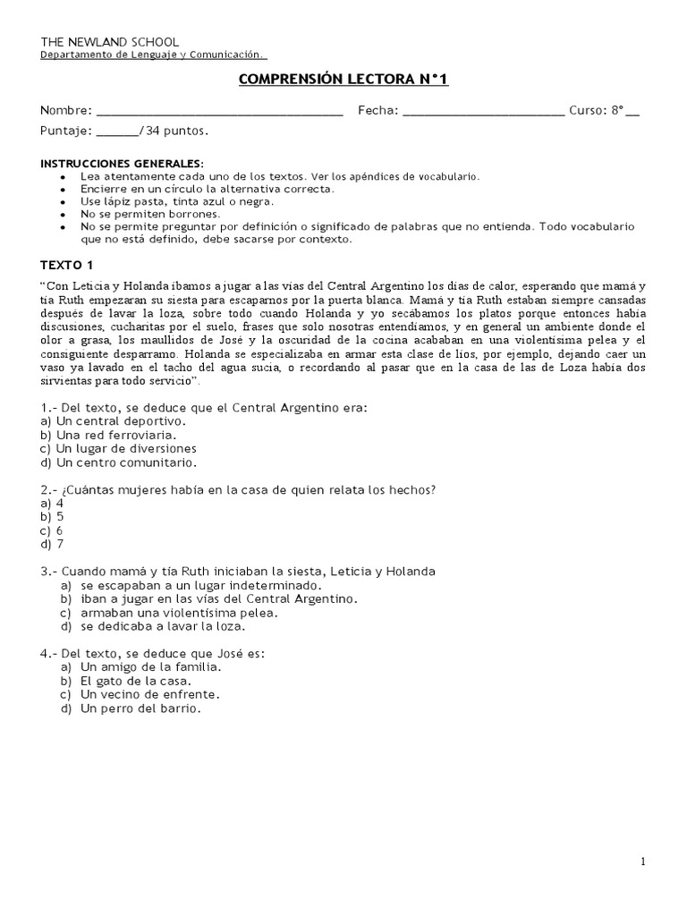 Evaluación de Comprensión Lectora 8° grado | PDF