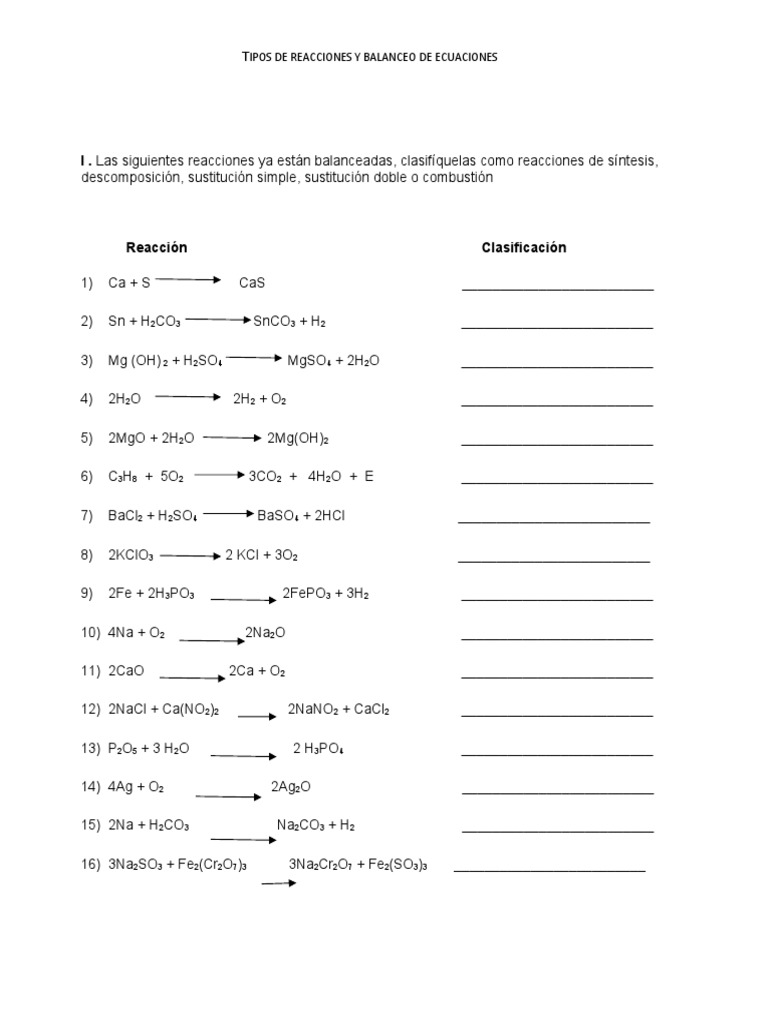 Ejercicios BB Tipos de Reacciones y Balanceo | PDF