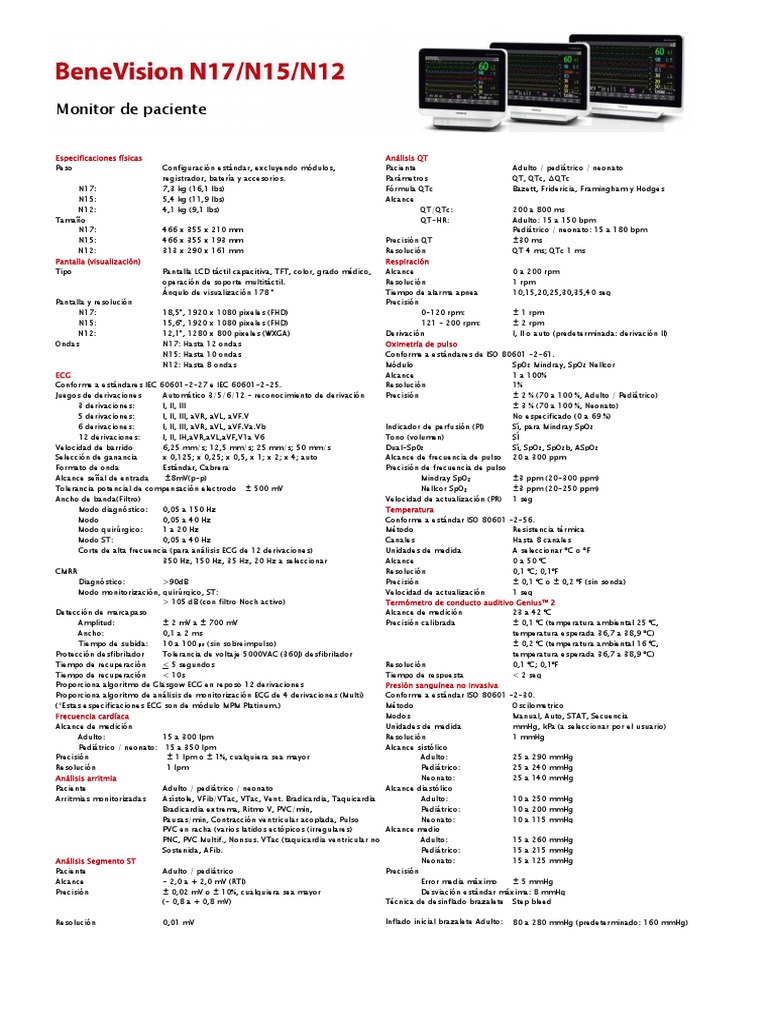 Datasheet BeneVision N12-N15-N17 Español Monitor ECG Alta Complejidad | PDF | Ieee 802.11 | Cantidad