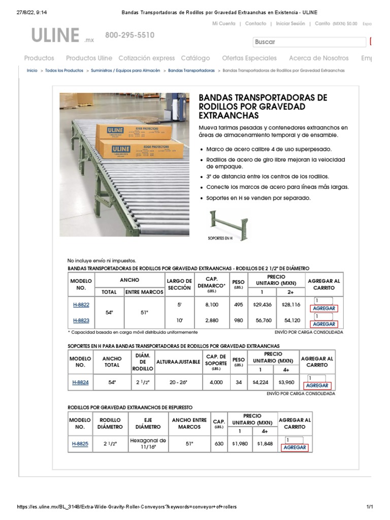 Bandas Transportadoras de Rodillos Por Gravedad Extraanchas en Existencia - ULINE | PDF