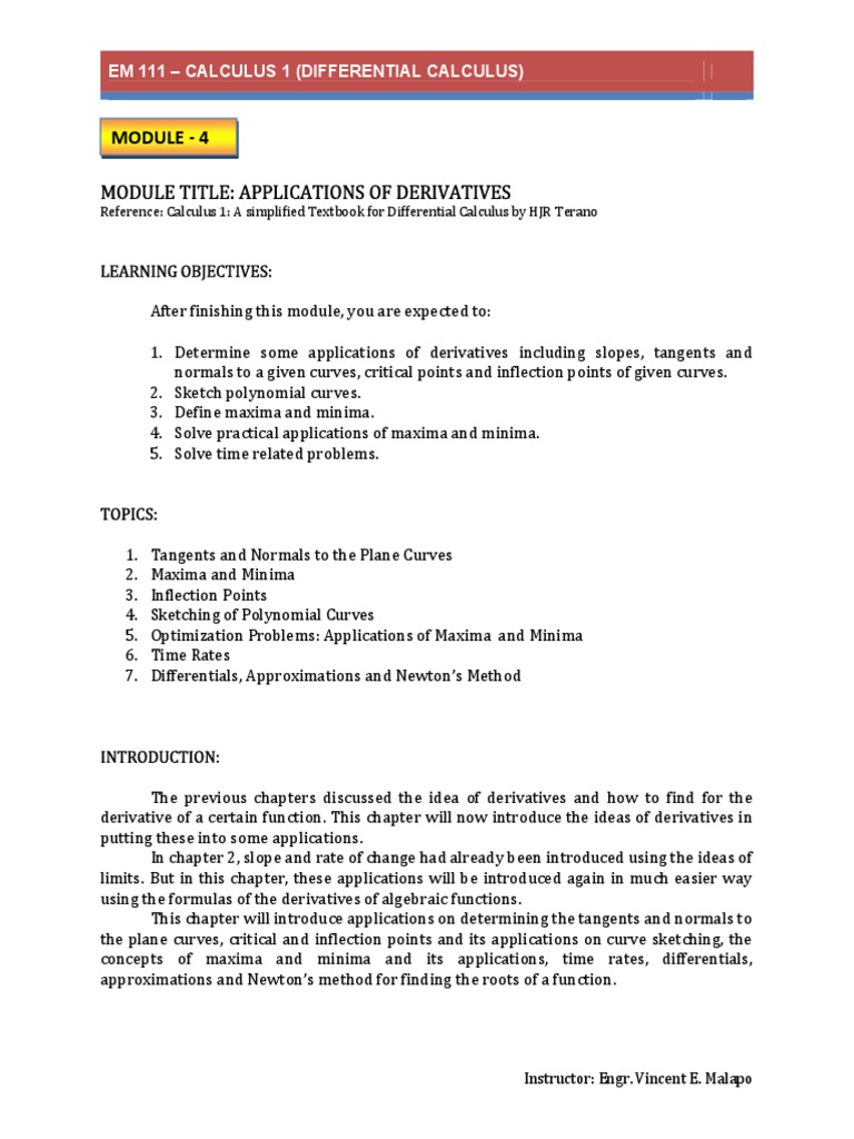 Calculus 1 Module 4 Applications Of The Derivative Pdf Tangent