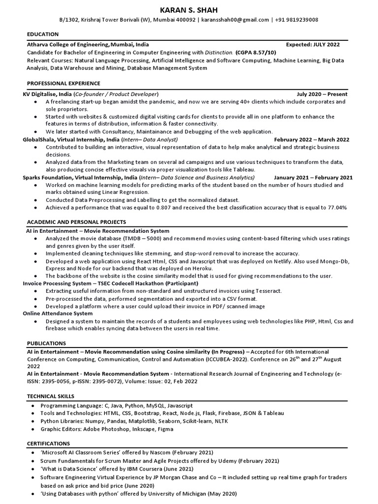 Resume Karan Shah Pdf Data Analysis Machine Learning