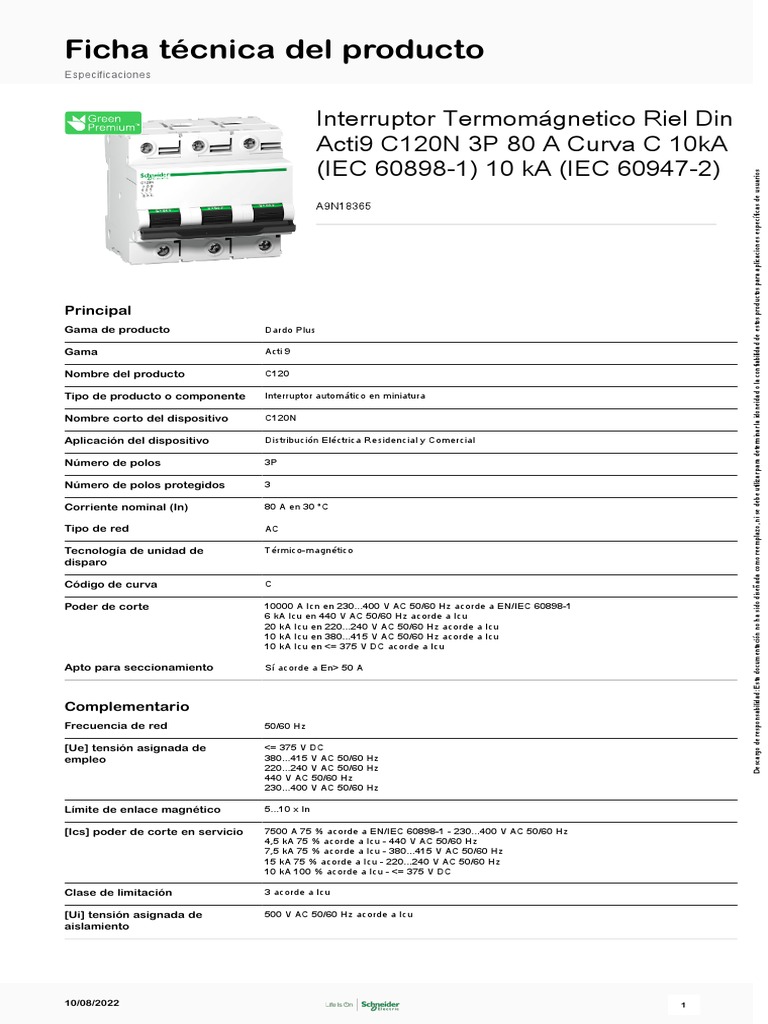 Acti 9 C120 - A9N18365 | PDF | Ingenieria Eléctrica | Cantidades fisicas