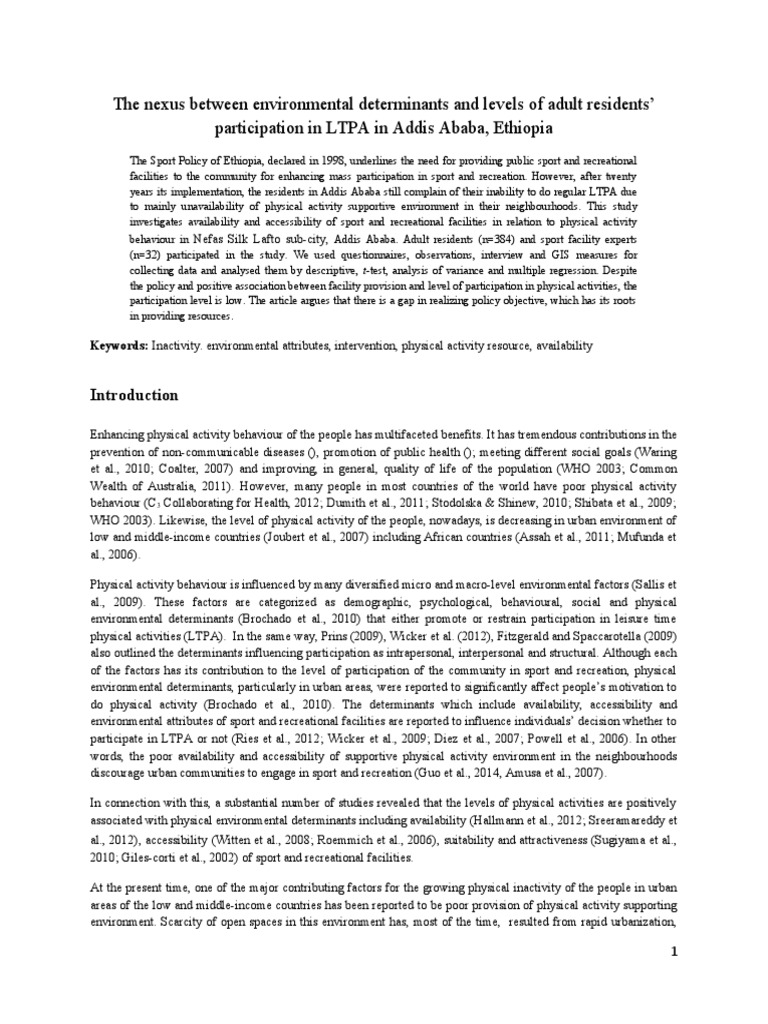 Provision of Sport and Recreational Facilities in Addis Ababa and Their ...