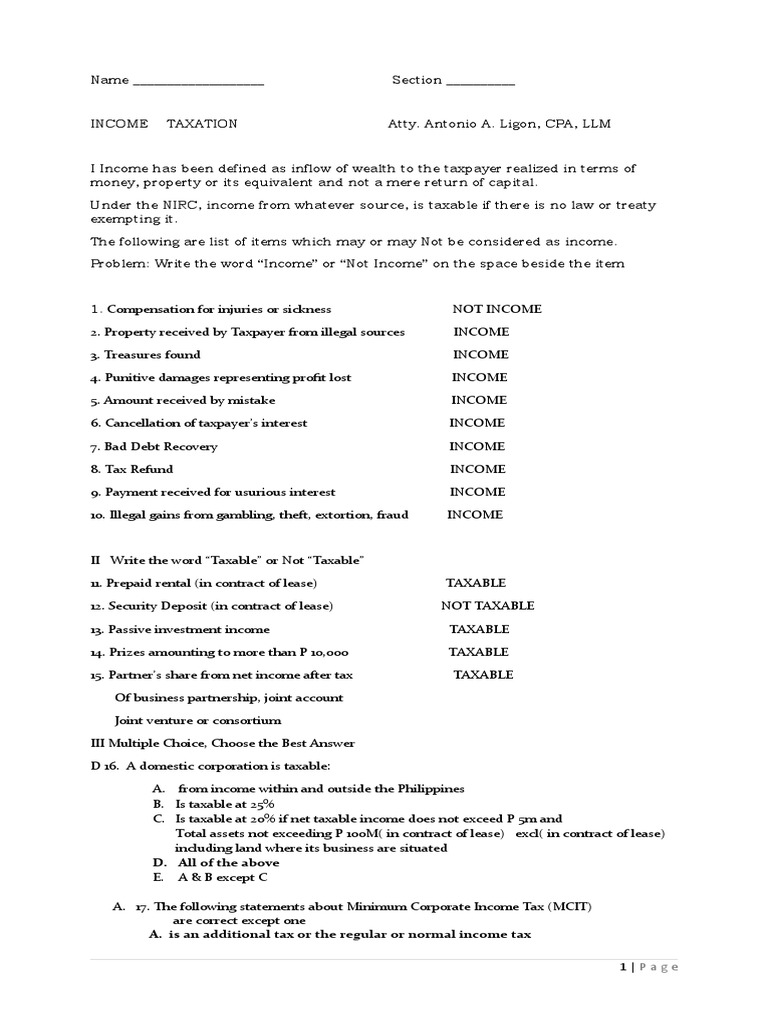 Income Tax Quiz Answer | PDF | Income | Taxes